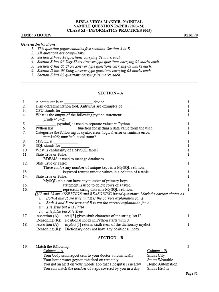 IP Class XI - Sample Question Paper 2023-24 | PDF