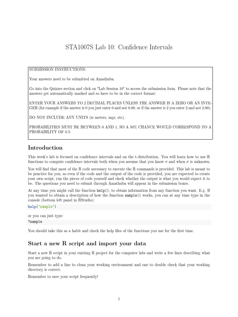 Lab 10 Confidence Intervals | PDF