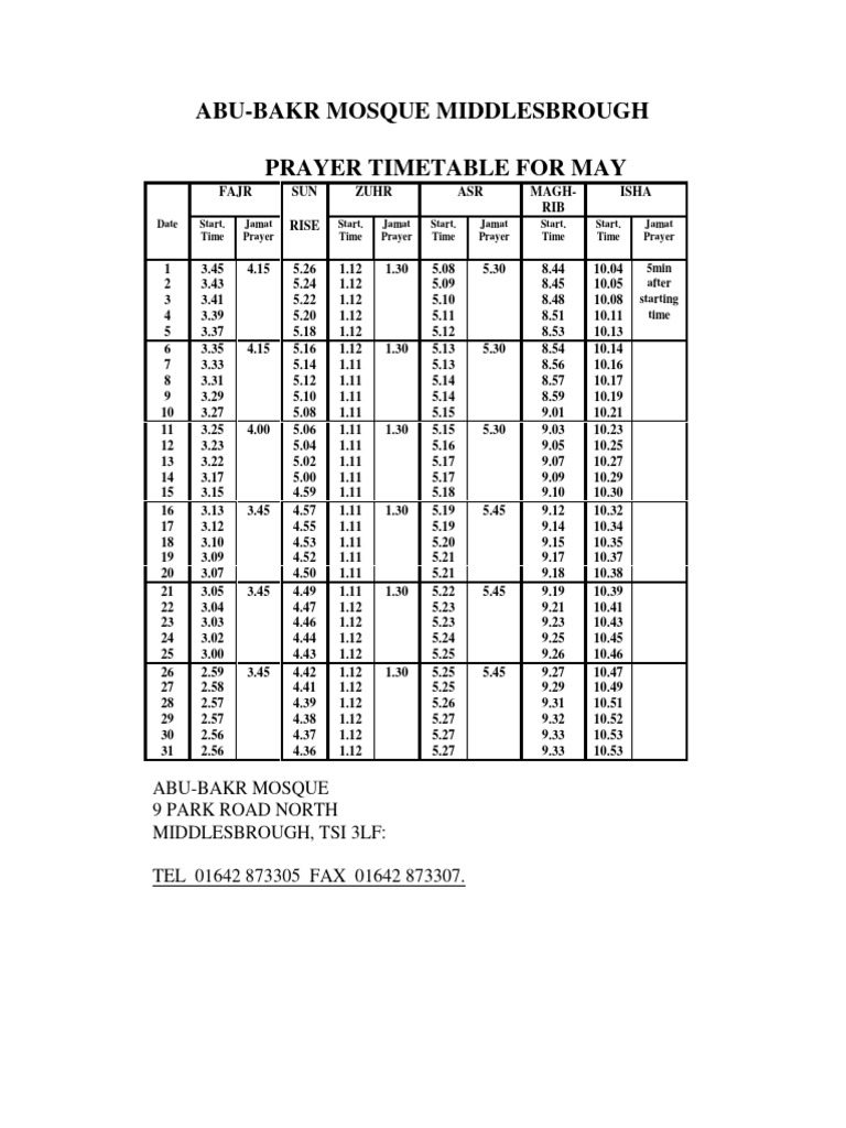Abu-Bakr Mosque Middlesbrough Prayer Timetable For May | PDF