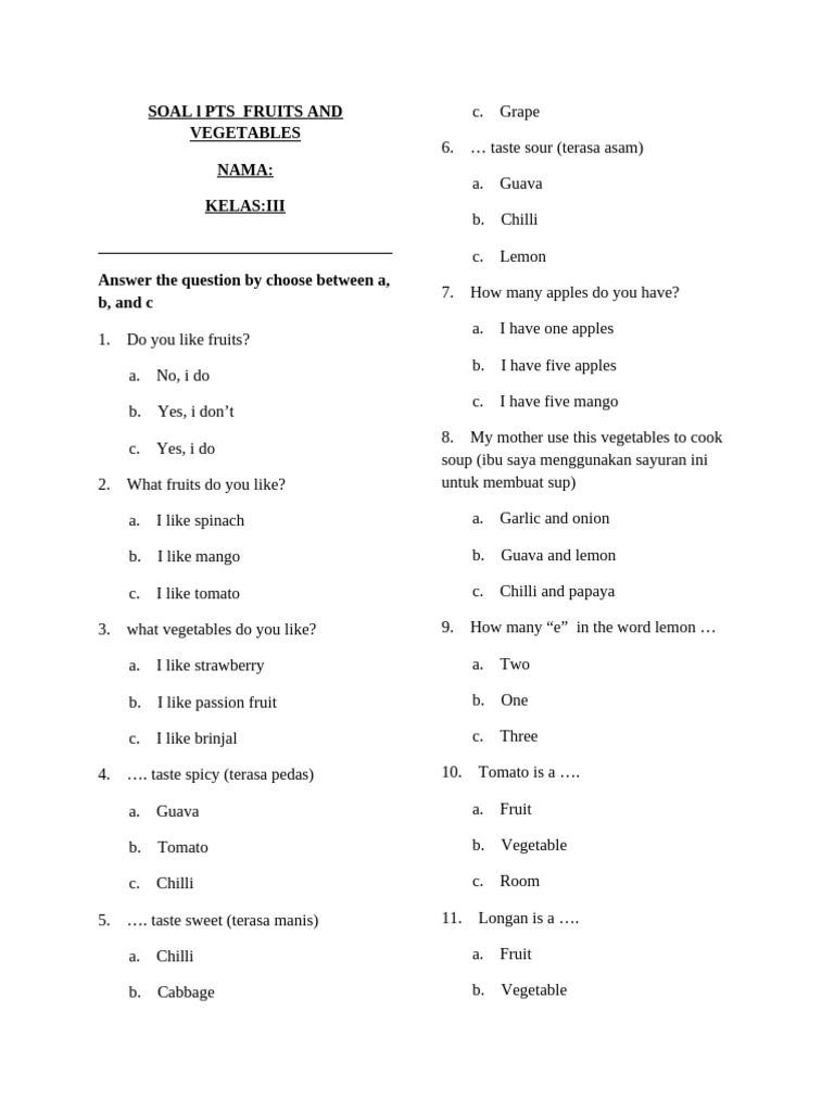 Soal Latihan Fruits and Vegetables | PDF