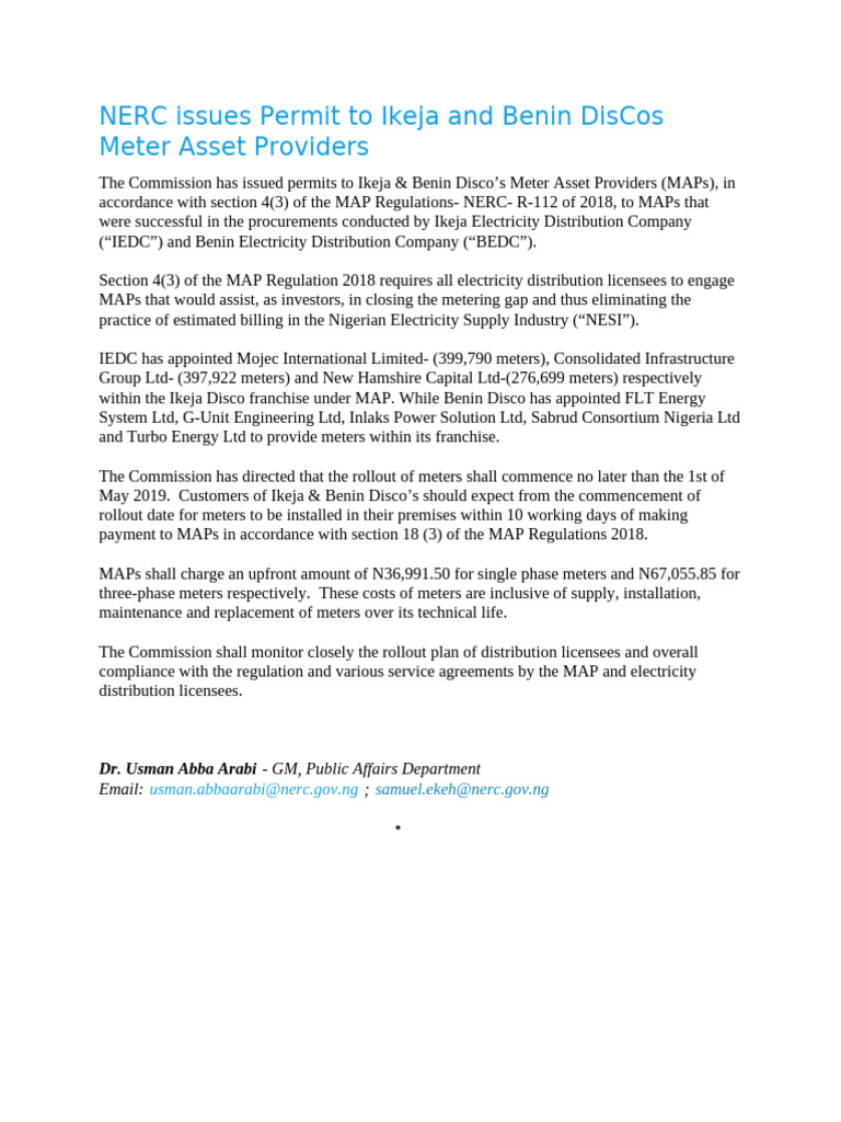 NERC Issues Permit To Ikeja and Benin DisCos Meter Asset Providers | PDF