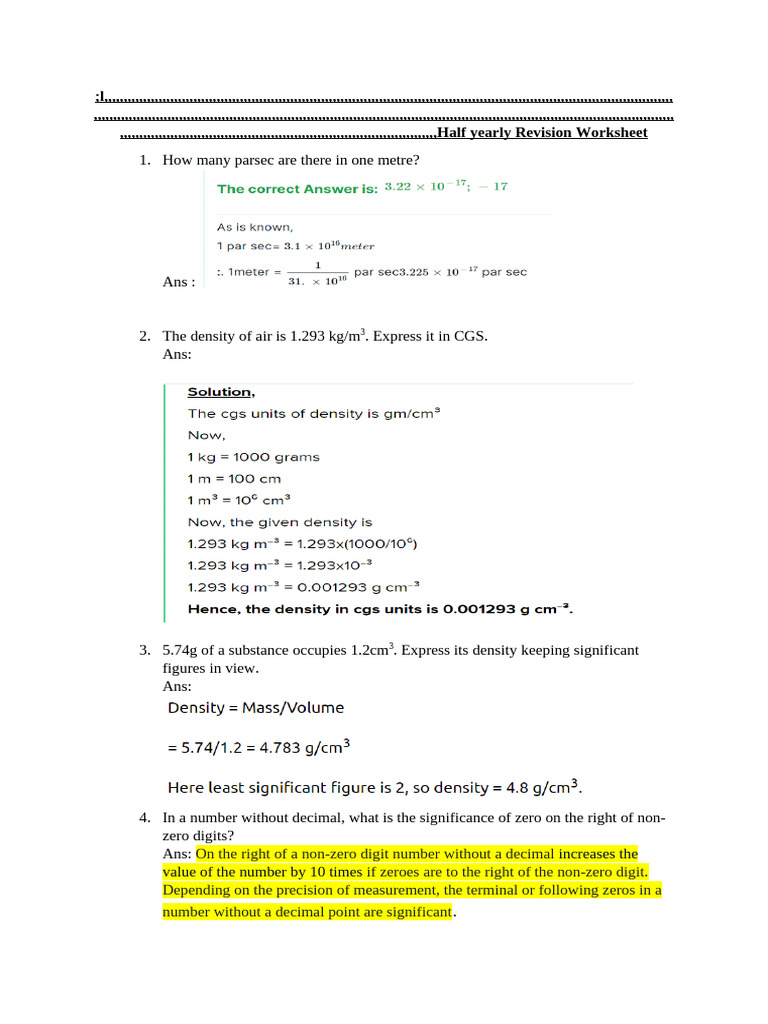 Grade 11 Answer - Half Yearly Revision Worksheet | PDF
