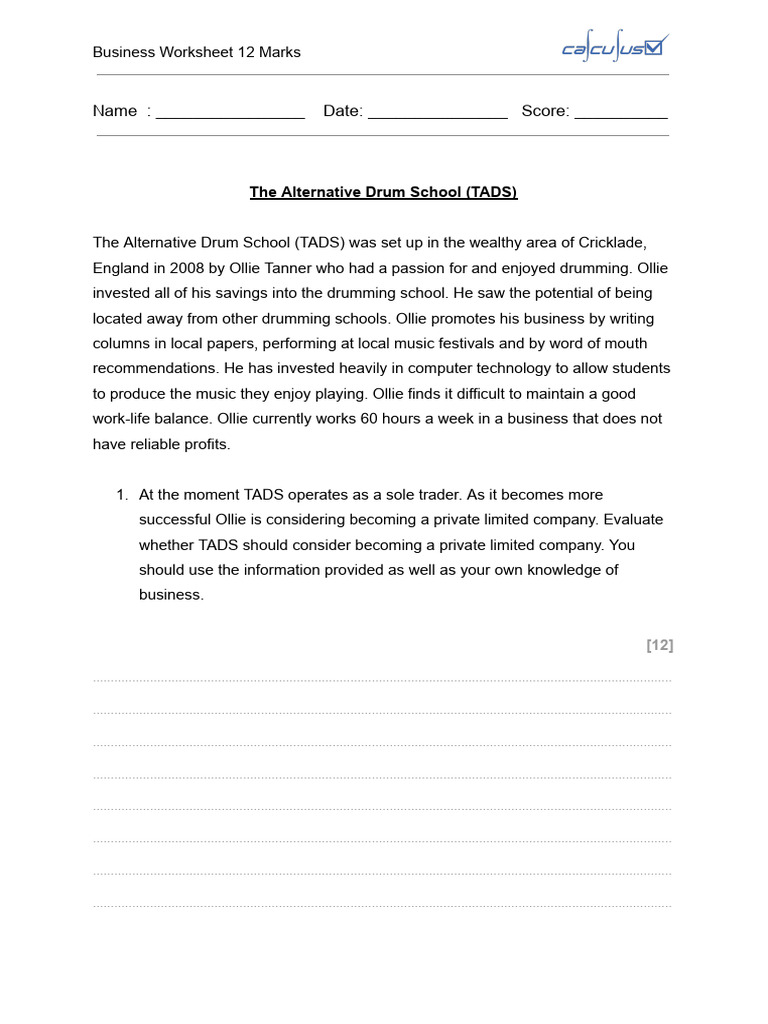 Business Worksheet 12 Marks | PDF