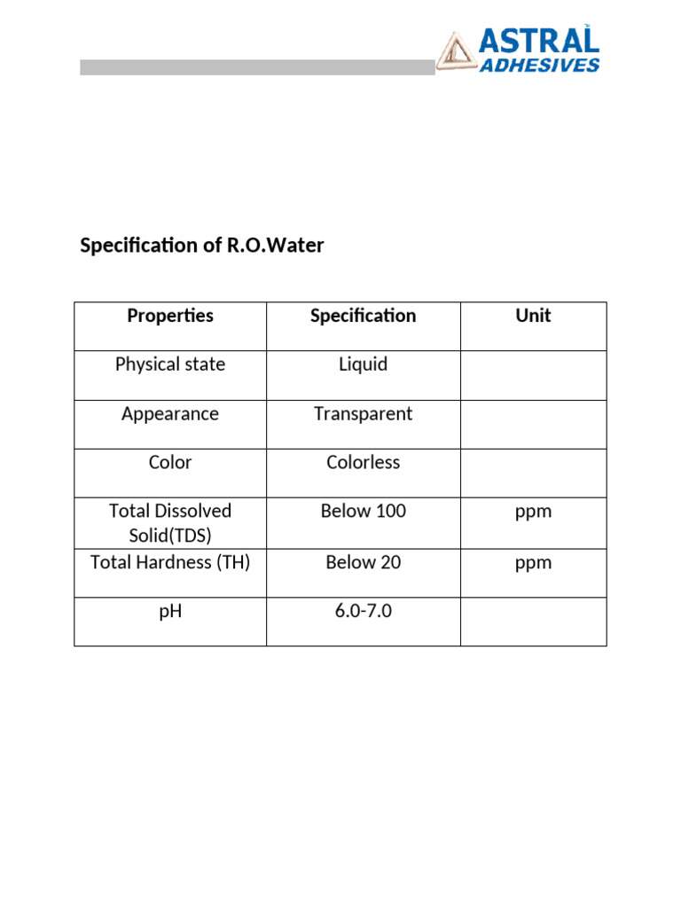 R.O.Water Specification | PDF