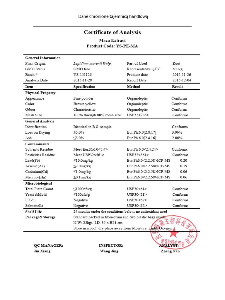 COA for Organic Maca Extract Powder | PDF