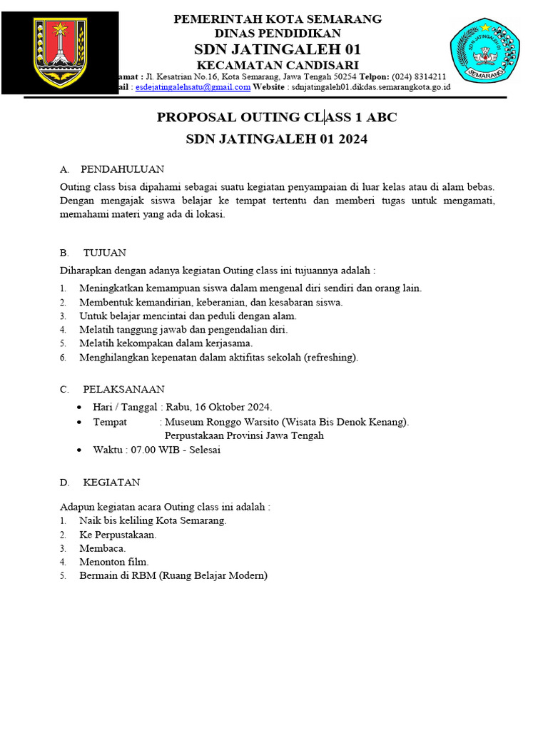 Proposal Outing Class Jatingaleh 01 | PDF