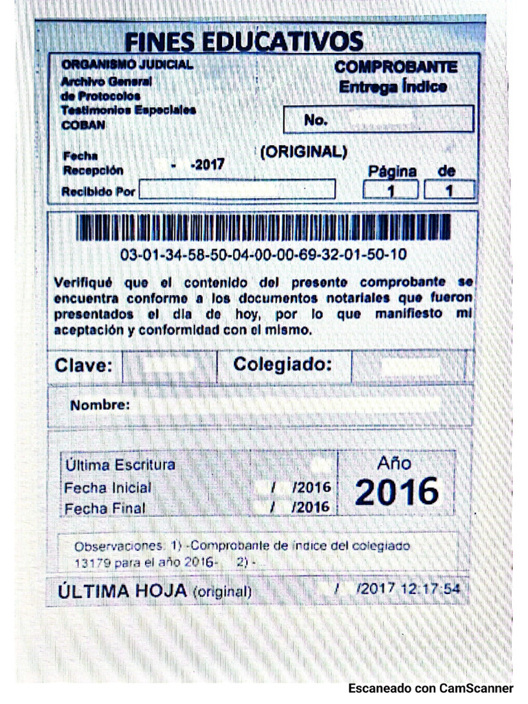 Comprobante de Entrega de Testimonio Del Índice Del Protocolo Notarial ...