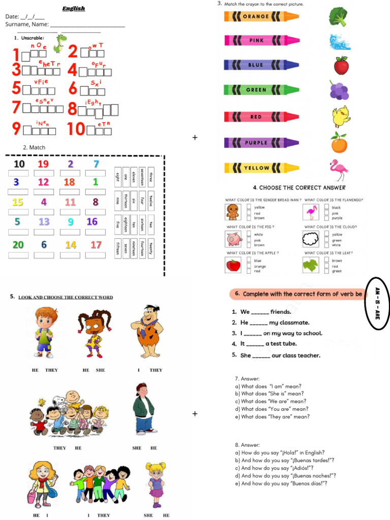 English-Exercises (Numbers, Colours, Pronouns, Verb Be, Greetings ...