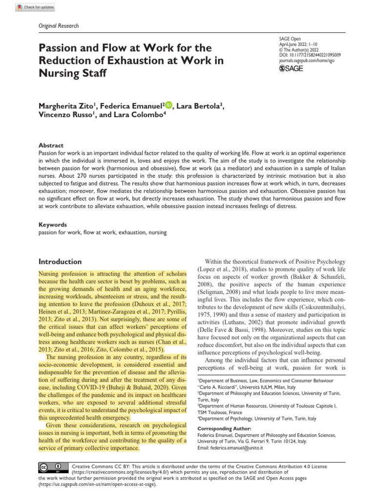 Passion and Flow at Work For The Reduction of Exhaustion at Work in Nursing Staff | PDF