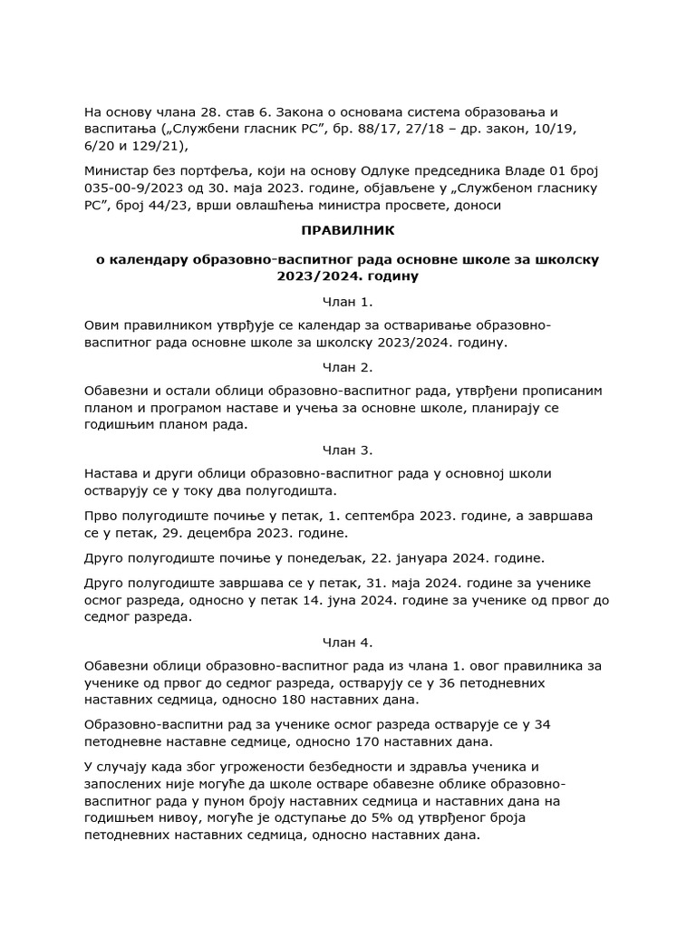 Pravilnik o Kalendaru Obrazovno Vaspitnog Rada Osnovne Skole Za Skolsku 2023 2024 | PDF