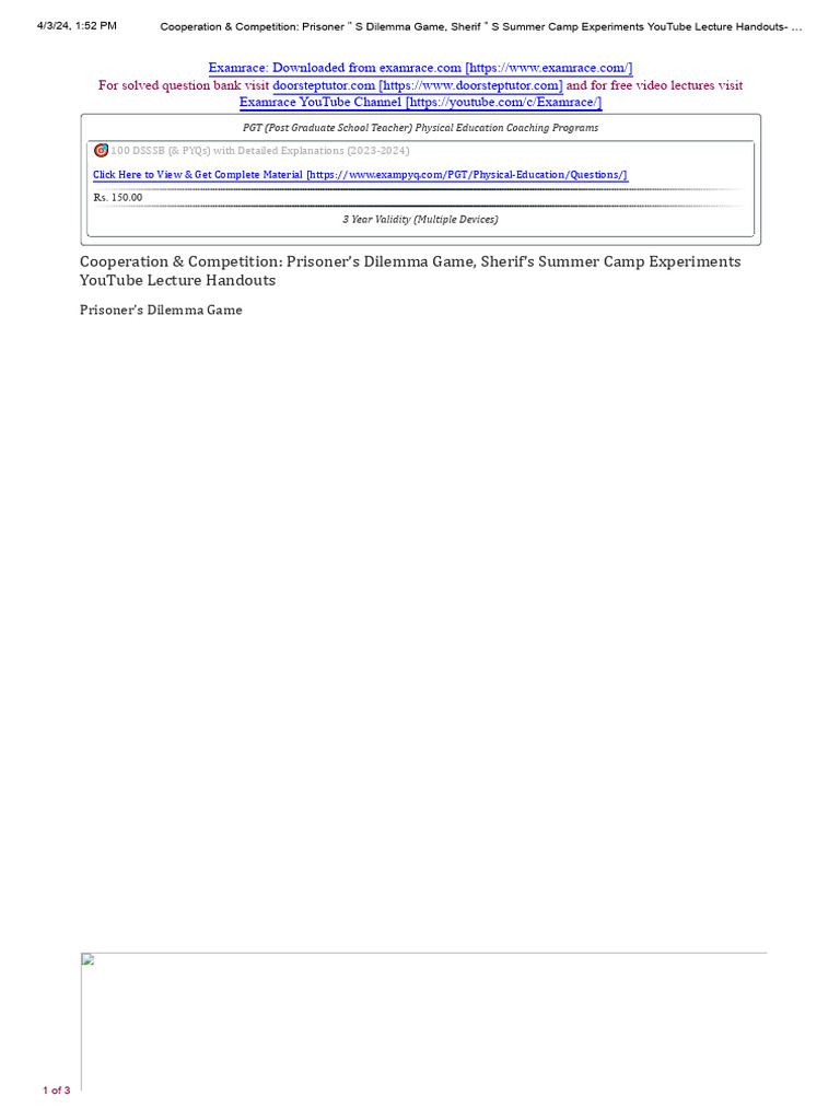 Cooperation Competition Prisoners Dilemma Game Sherifs Summer Camp Experiments YouTube Lecture ...