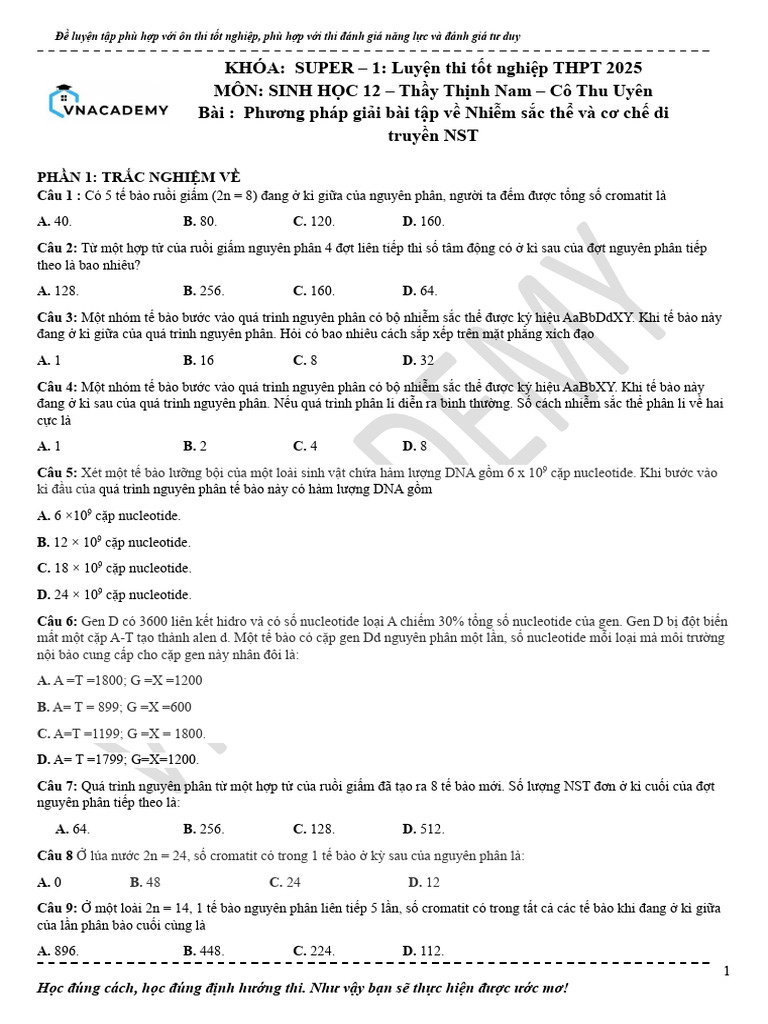 Bài 5_Phương pháp giải bài tập về NST và cơ chế di truyền của NST_Đề | PDF