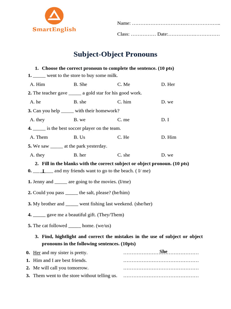 TEST - Subject-Object Pronouns | PDF