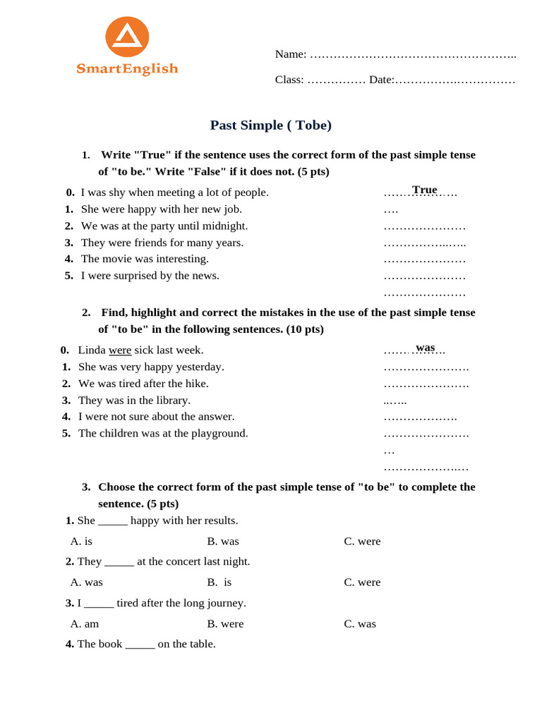 TEST_Past simple ( Tobe) | PDF
