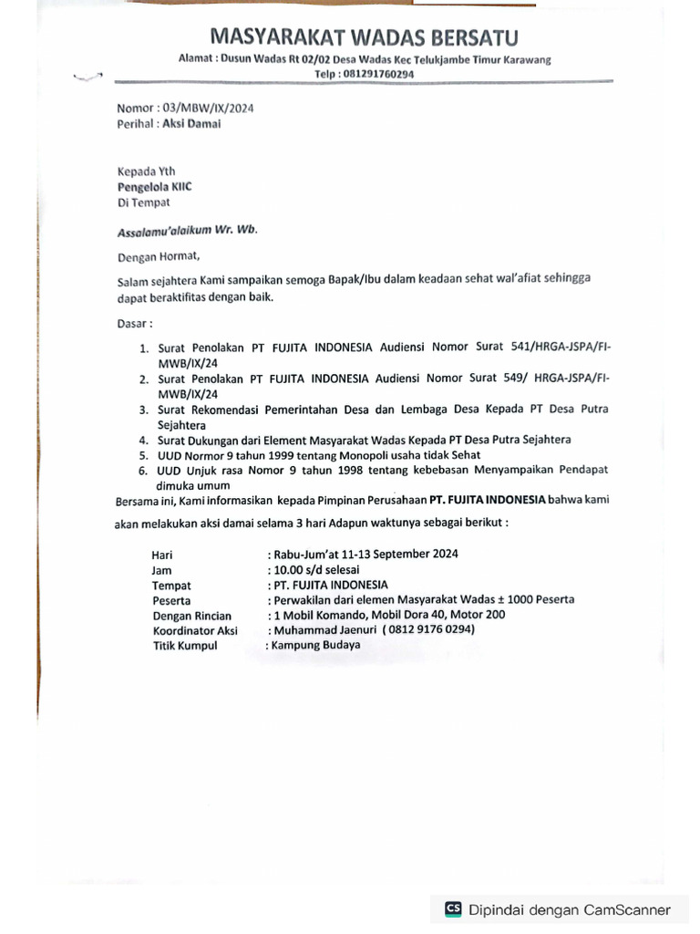 Pemberitahuan Aksi Demo Masyarakat Wadas Bersatu - Fujita | PDF