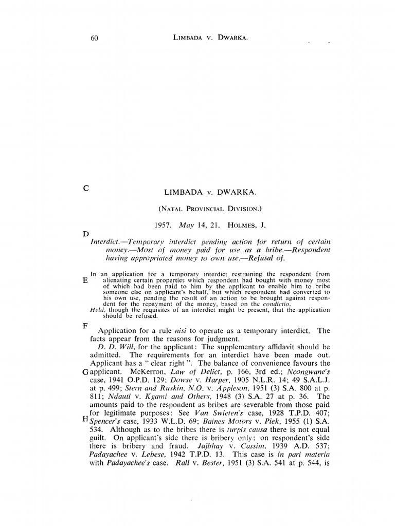 Limbada V Dwarka 1957 (3) SA 60 (N) Original | PDF | Injunction | Legal Concepts