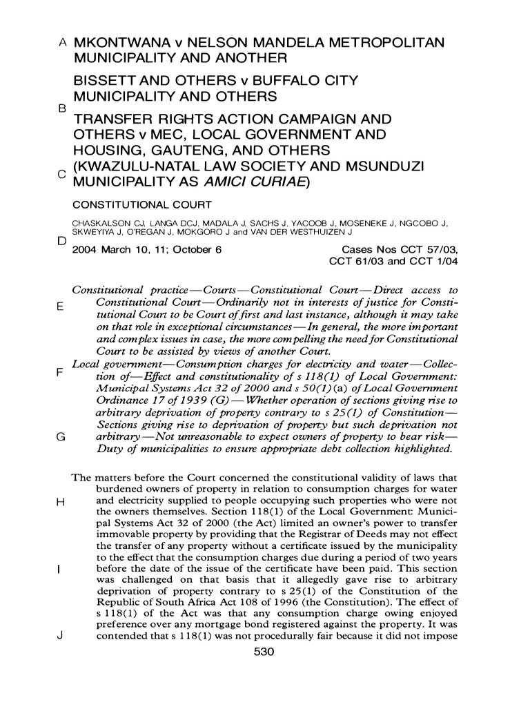 Constitutional Court: 2004 March 1 0, 1 1 October 6 Cases Nos CCT 57/03, CCT 61/03 and CCT 1/04 ...