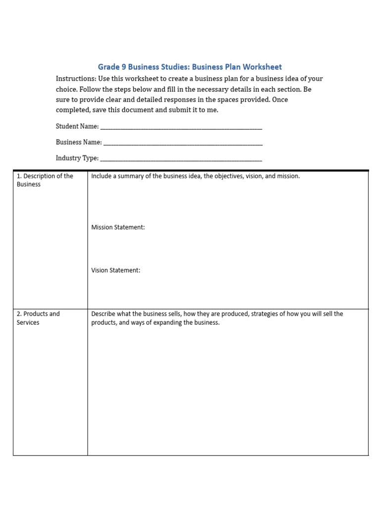 Grade 9 Business Studies Business Plan Worksheet.docx (1) (1) | PDF