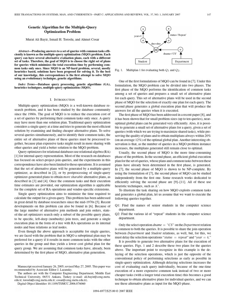 Genetic Algorithm For The Multiple-Query Optimization Problem | PDF