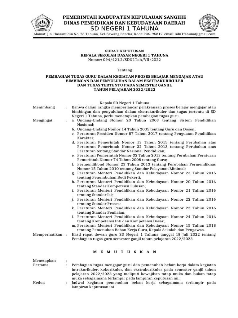 SK Pembagian Tugas Semester Ganjil TP. 2022-2023 | PDF