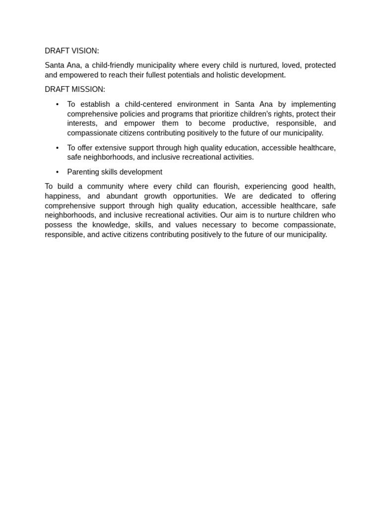 Draft Vision Mission - Lgu Sta. Ana | PDF