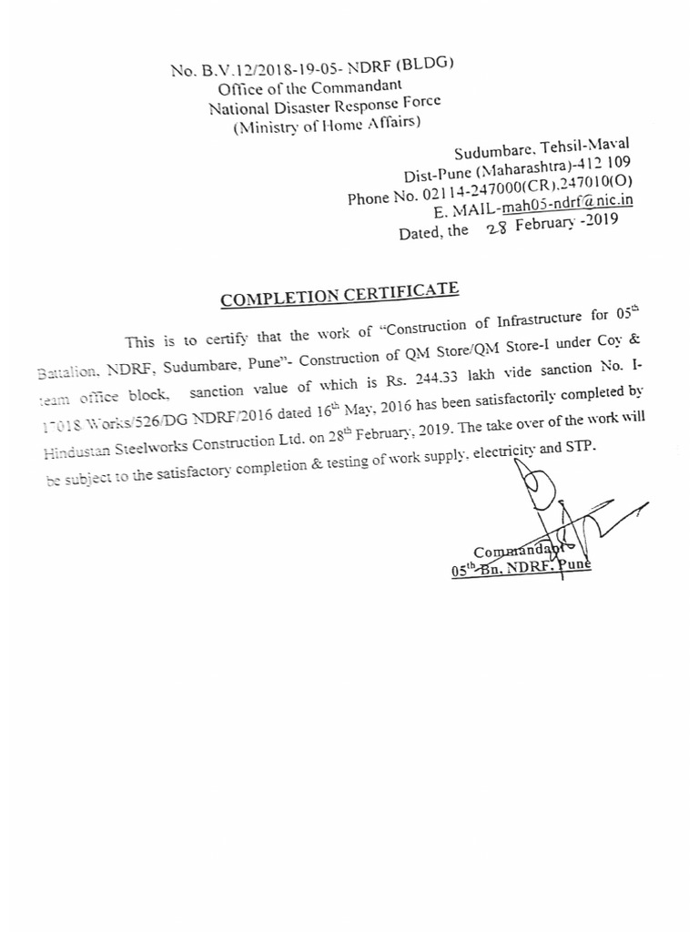QM Store - Completion Certificate-NDRF, Pune | PDF