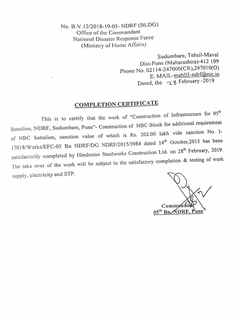 NBC Block-Completion Certificate-NDRF, Pune | PDF