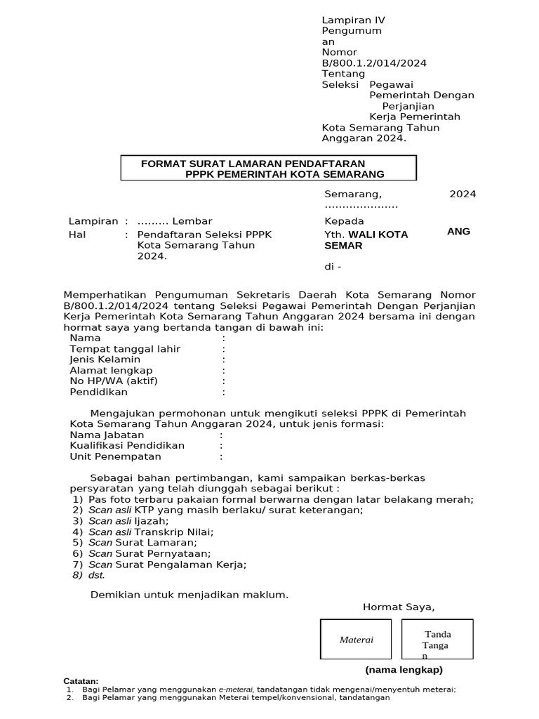 Lampiran Iv Format Surat Lamaran PPPK Ta 2024 | PDF