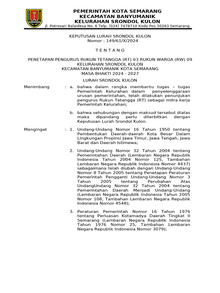 RT.3 RW.9 Surat Keputusan Lurah Pengurus RT | PDF