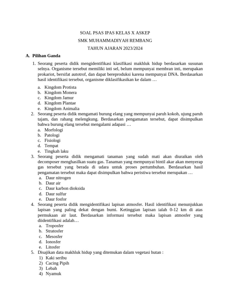 Soal Psas Ipas Kelas X Askep | PDF