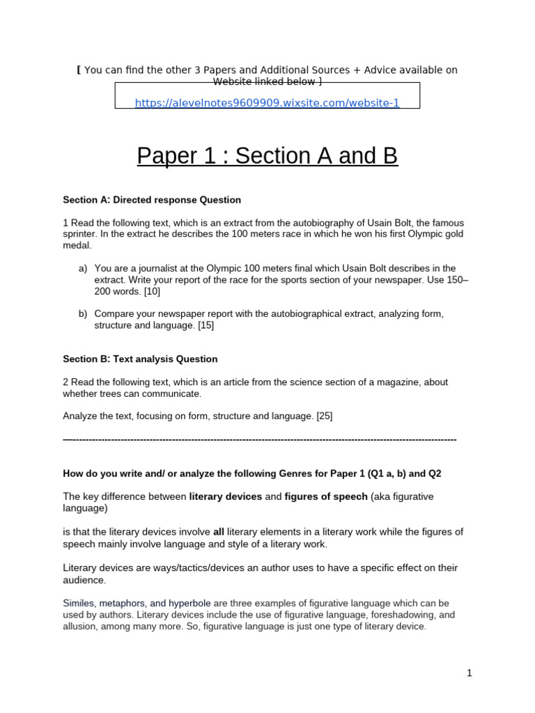 English Language Paper 1, Section A and B | PDF