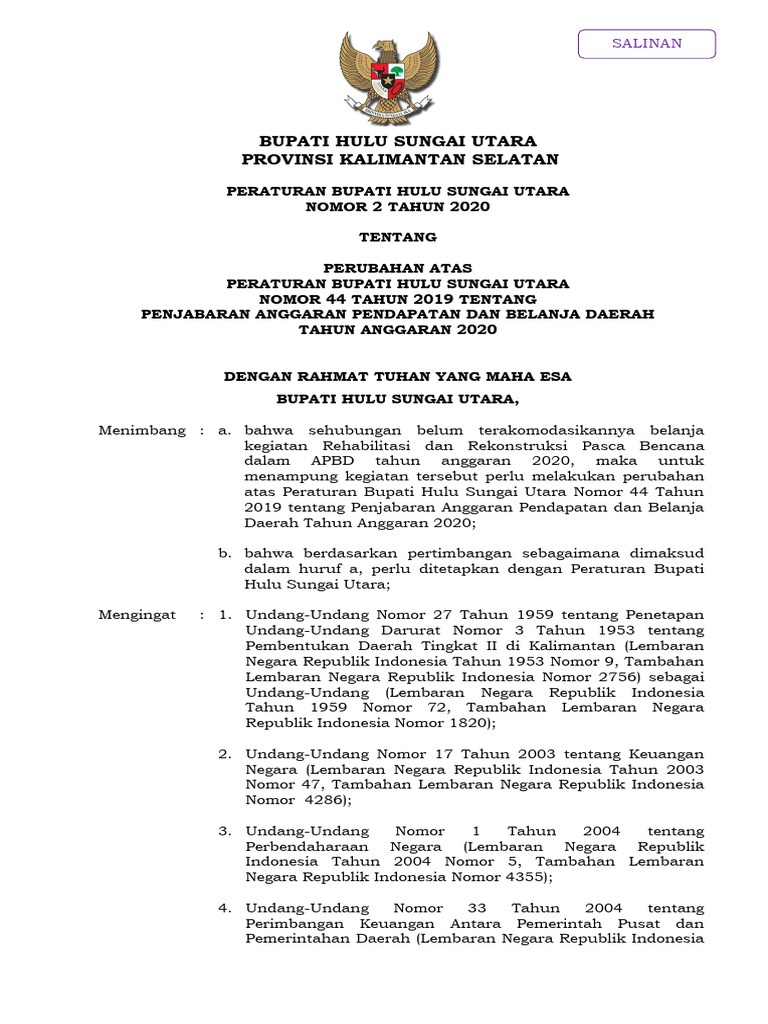 Perbup Tahun 2020 No.2 TTG Perubahan Penjabaran Apbd Ta.2020 | PDF