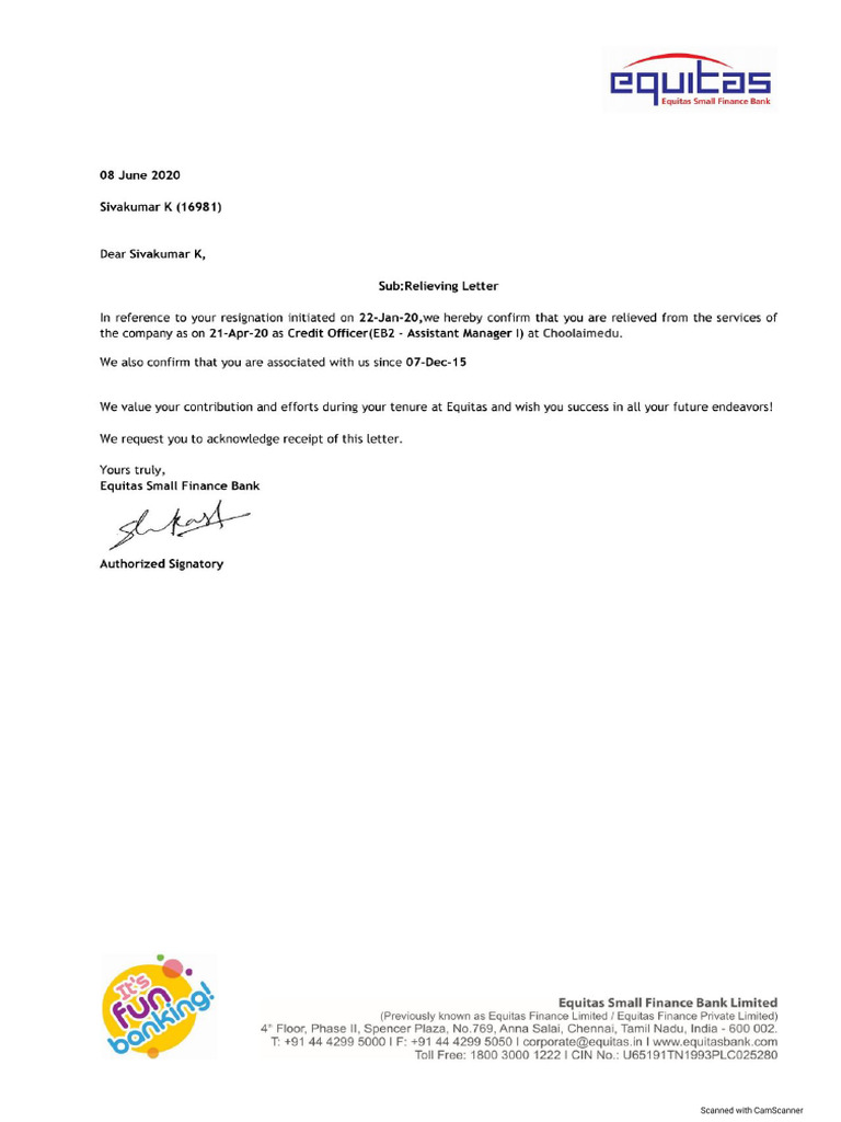 Equitas Bank Relieving Letter | PDF
