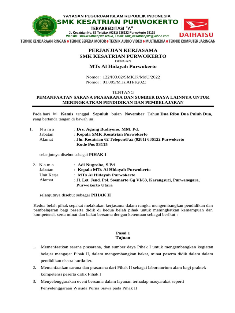 MOU SMP MITRA K1 Al Hidayah | PDF