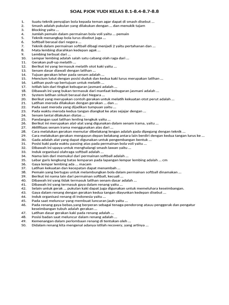 Soal Ukk Pjok Yudi Kelas 8 | PDF