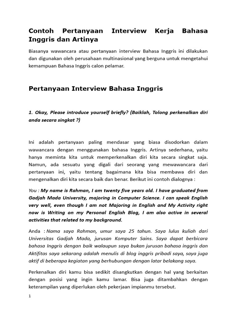 21 Contoh Pertanyaan Interview Kerja Bahasa Inggris Dan Artinya | PDF