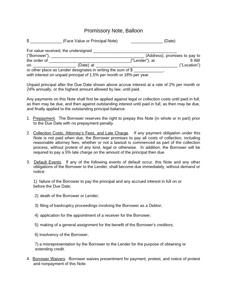 Promissory Note - Balloon | PDF | Debtor | Bankruptcy