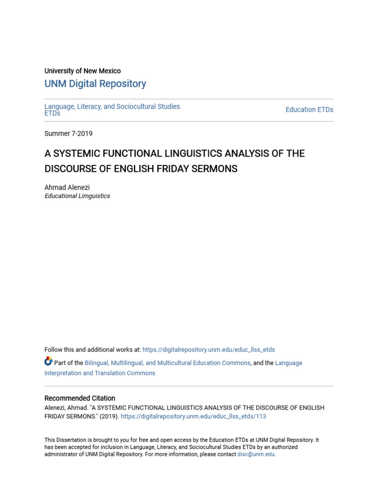 A Systemic Functional Linguistics Analysis of The Discourse of en | PDF