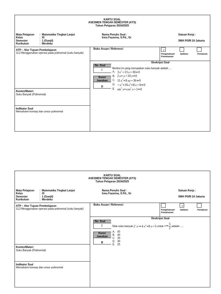 Kartu Soal ATS 1 MTK Lanjut Kelas 11 | PDF