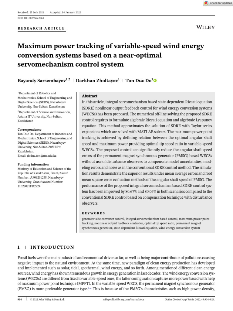 Optim Control Appl Methods - 2022 - Sarsembayev - Maximum Power Tracking of Variable Speed Wind ...