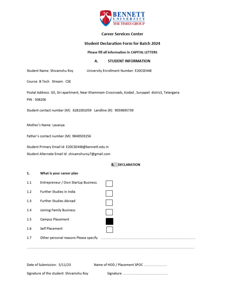Student Declaration Form 2024 batch | PDF