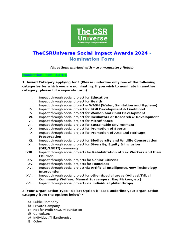 TheCSRUniverse Social Impact Awards 2024 Nomination Form | PDF | Art