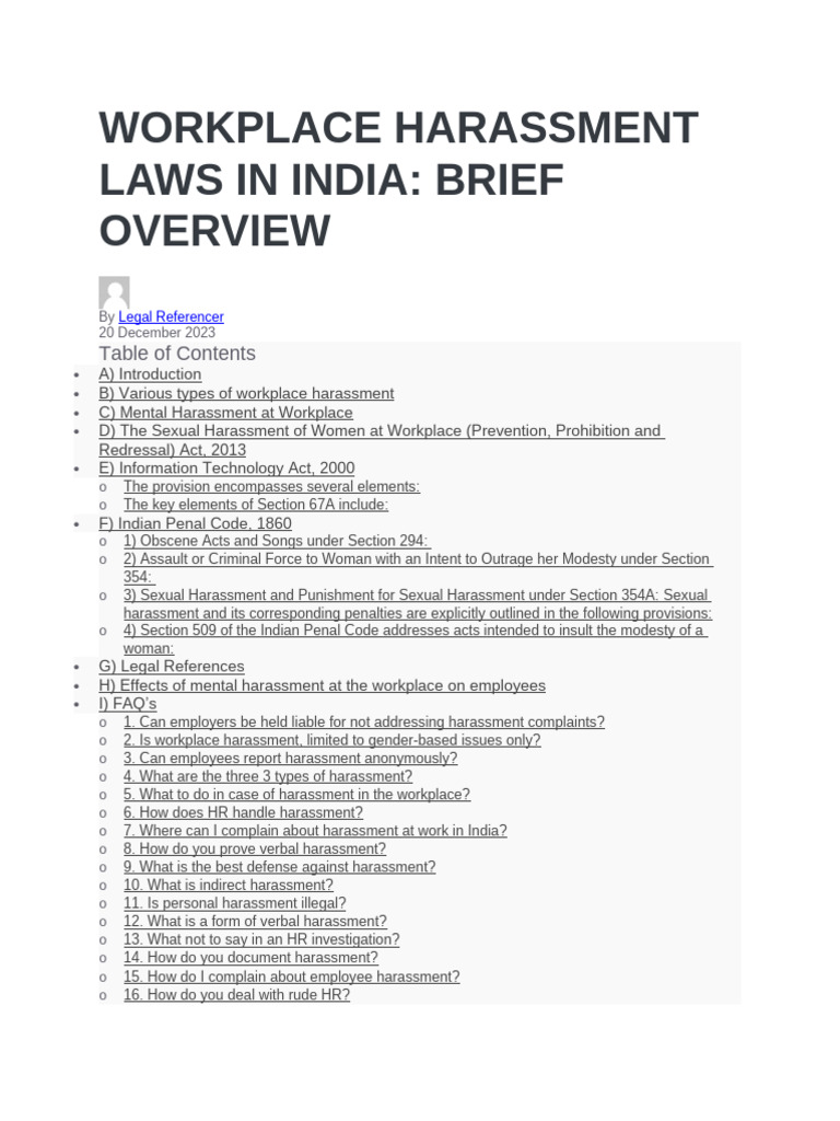 Workplace Harassment Laws in India | PDF