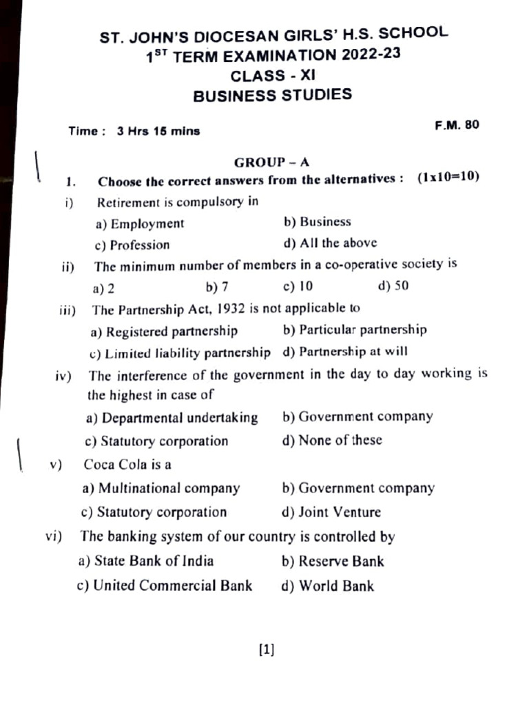 Bstd Previous Year Paper of Class 11 B | PDF