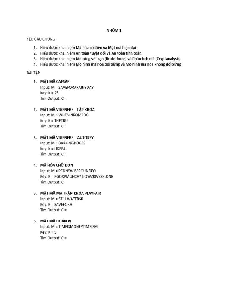 Bai Tap Nhom Ma Hoa Co Dien | PDF