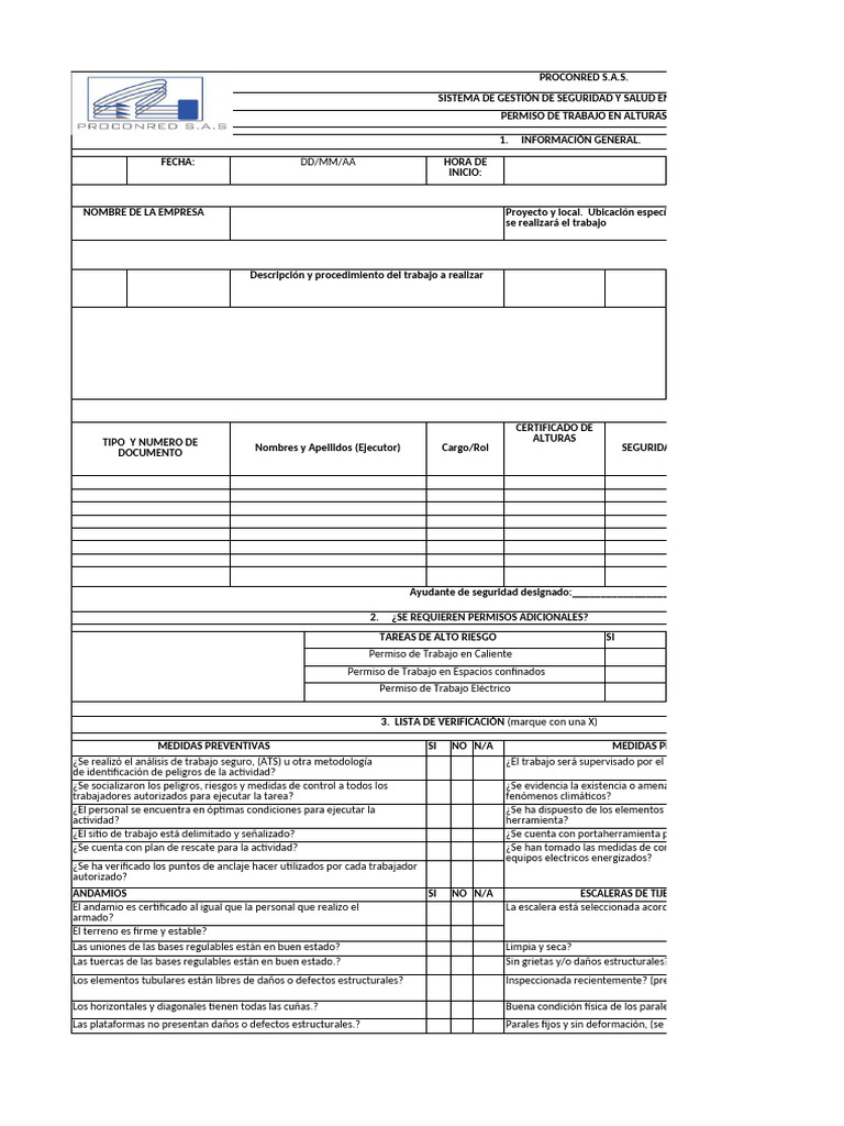 Formato Trabajo en Alturas TSA PROICONRED | PDF | Escalera