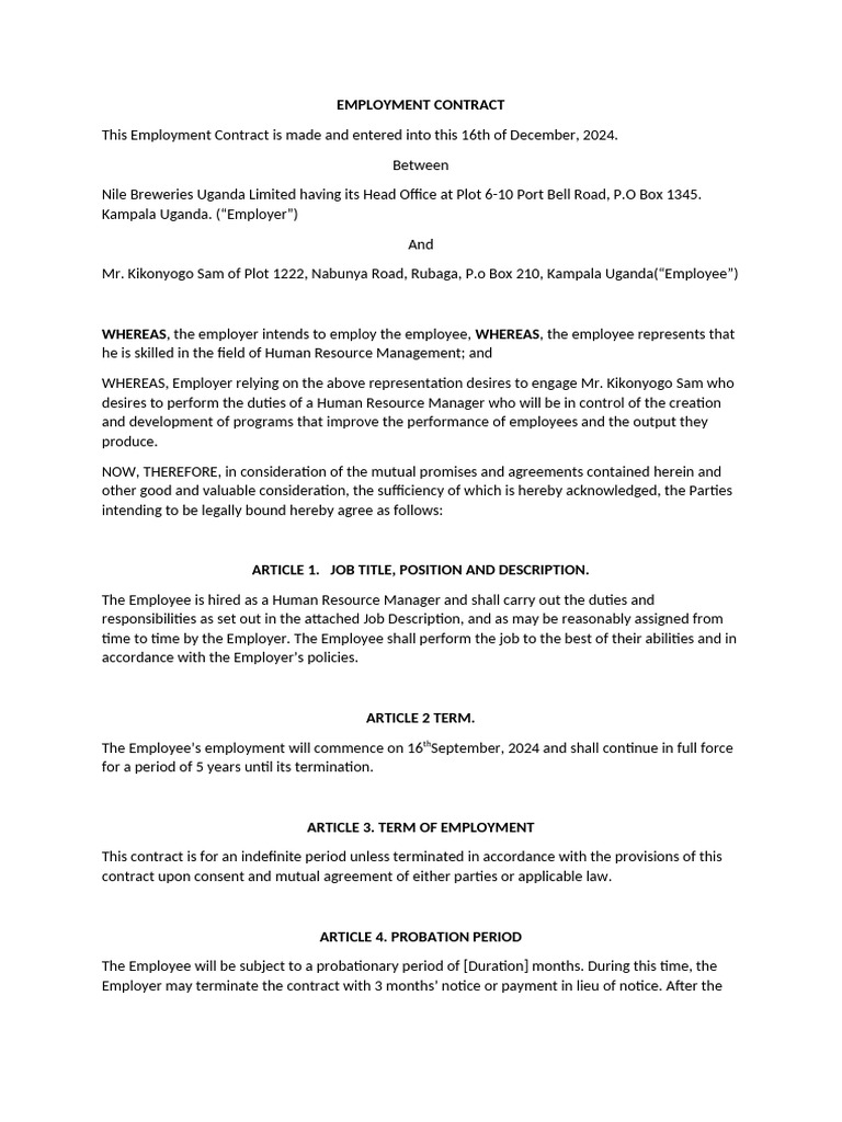 Employment Contract Sample Drafted For Class | PDF | Employment | Salary