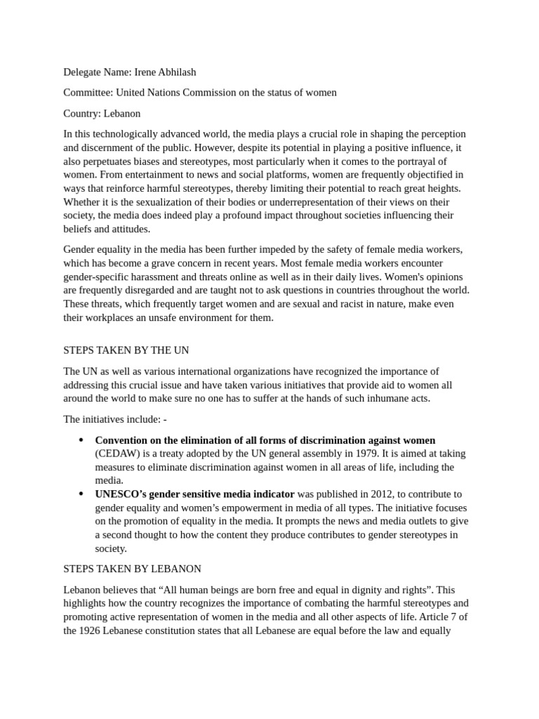 UNCSW Lebanon Pos Paper | PDF | Gender Equality | Social Science