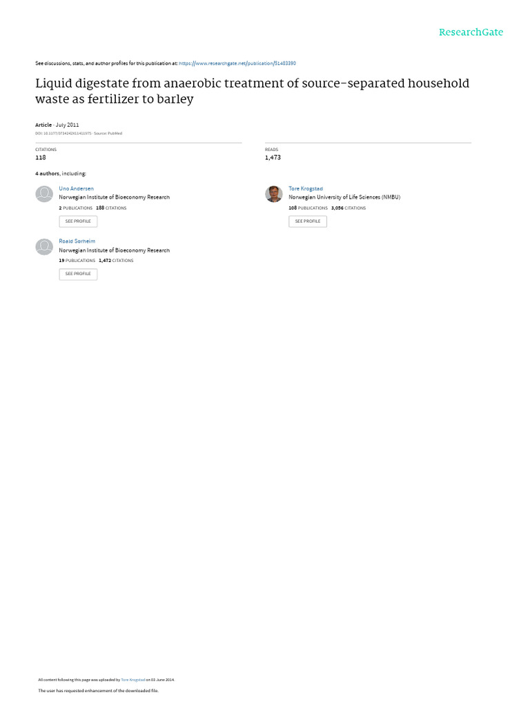 Liquid Digestate From Anaerobic Treatment of Sourc | PDF