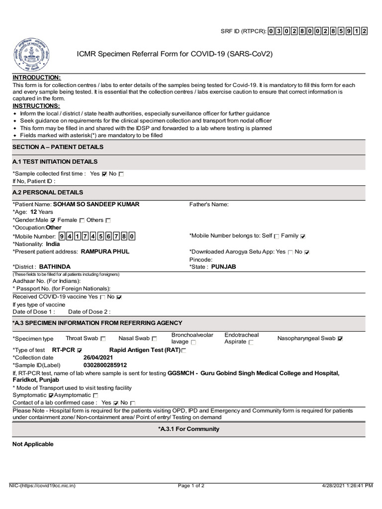 Icmr Specimen Referral Form For Covid-19 (Sars-Cov2) : (These Fields To ...